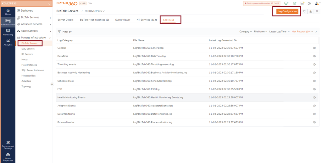 View IIS and BizTalk logs with BizTalk360's effortless solution